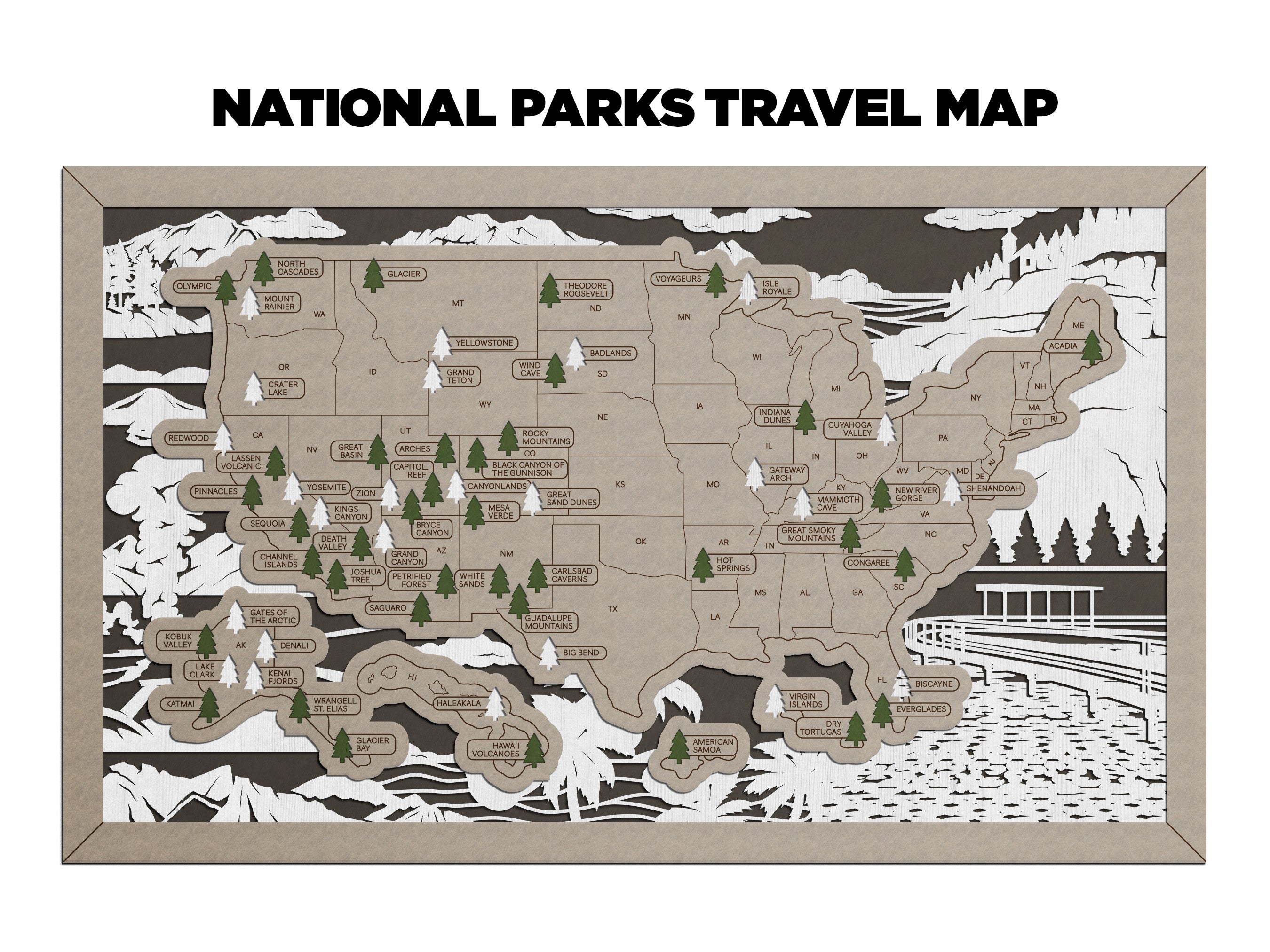 Sceneries National Park Travel Map with Pine Tree Inserts (No Name Pla ...